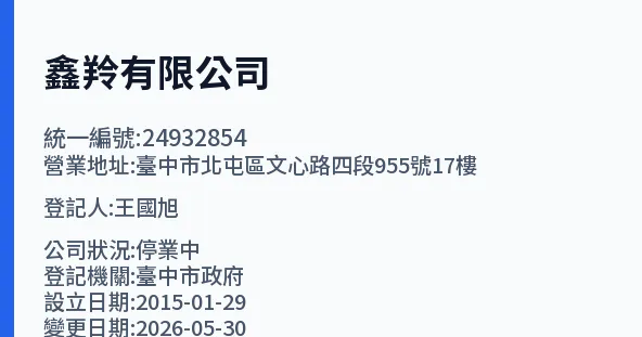 鑫羚有限公司的照片-統編 24932854(臺中市) 公司登記資料與營業項目詳細圖表