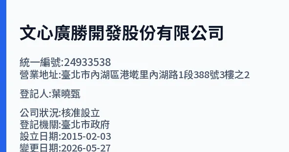 文心廣勝開發股份有限公司的照片-統編 24933538(臺北市) 公司登記資料與營業項目詳細圖表