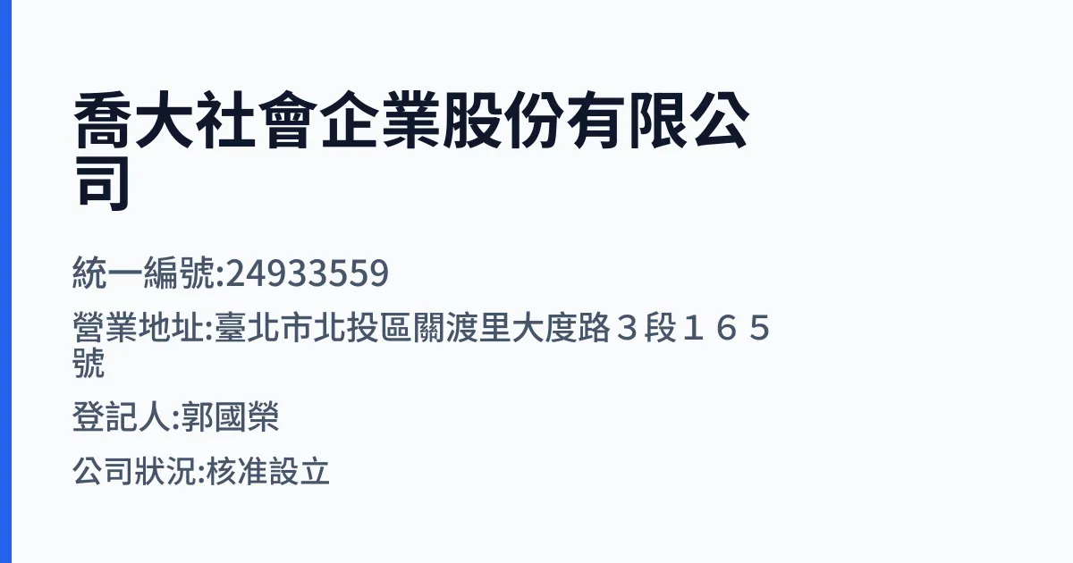 喬大社會企業股份有限公司 - 統編 24933559(臺北市) 公司登記資料與營業項目詳細圖表