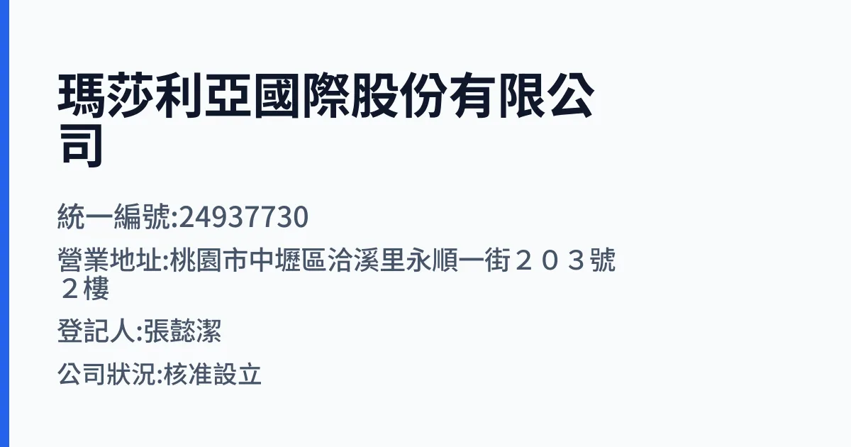 瑪莎利亞國際股份有限公司 - 統編 24937730(桃園市) 公司登記資料與營業項目詳細圖表