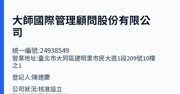大師國際管理顧問股份有限公司的照片-統編 24938549(臺北市) 公司登記資料與營業項目詳細圖表