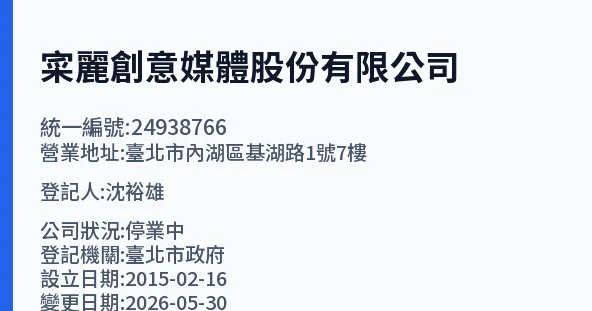 寀麗創意媒體股份有限公司的照片-統編 24938766(臺北市) 公司登記資料與營業項目詳細圖表