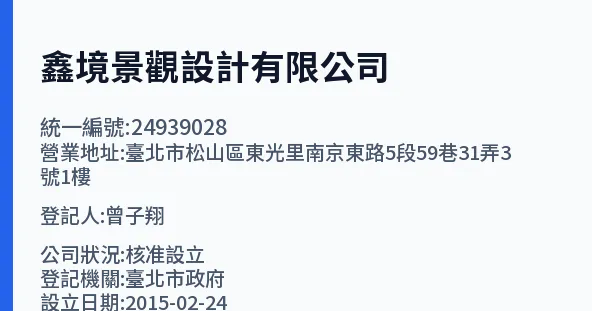 鑫境景觀設計有限公司的照片-統編 24939028(臺北市) 公司登記資料與營業項目詳細圖表
