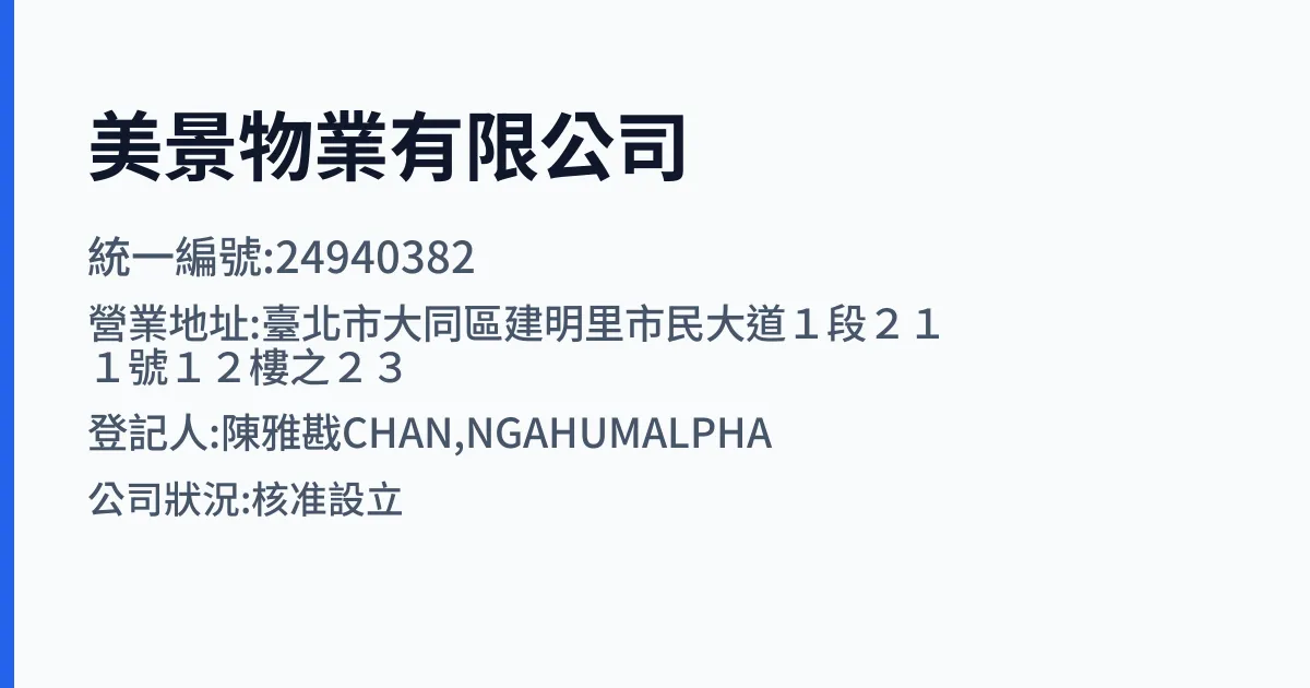 美景物業有限公司 - 統編 24940382(臺北市) 公司登記資料與營業項目詳細圖表