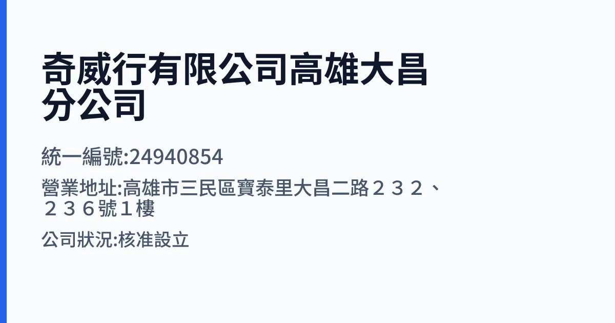 奇威行有限公司高雄大昌分公司 - 統編 24940854(高雄市) 公司登記資料與營業項目詳細圖表