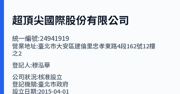 超頂尖國際股份有限公司的照片-統編 24941919(臺北市) 公司登記資料與營業項目詳細圖表
