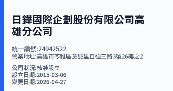 日鏵國際企劃股份有限公司高雄分公司的照片-統編 24942522(高雄市) 公司登記資料與營業項目詳細圖表