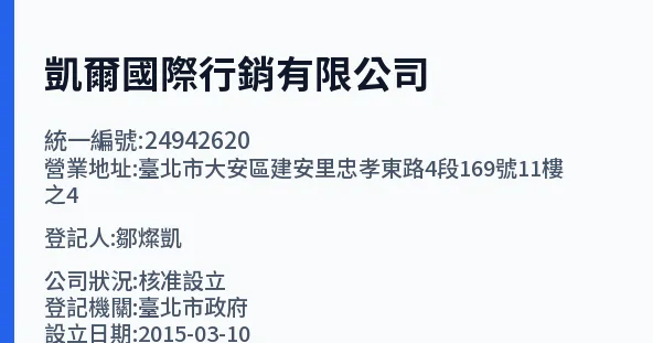 凱爾國際行銷有限公司的照片-統編 24942620(臺北市) 公司登記資料與營業項目詳細圖表