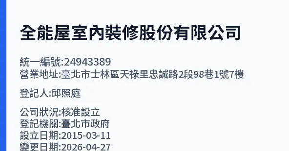 全能屋室內裝修股份有限公司的照片-統編 24943389(臺北市) 公司登記資料與營業項目詳細圖表