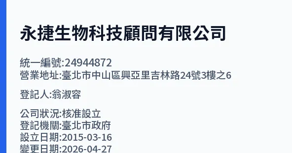 永捷生物科技顧問有限公司的照片-統編 24944872(臺北市) 公司登記資料與營業項目詳細圖表