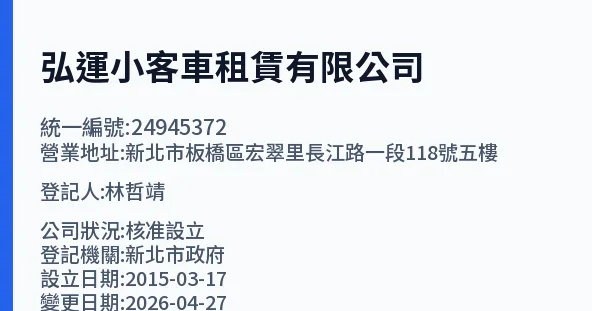 弘運小客車租賃有限公司的照片-統編 24945372(新北市) 公司登記資料與營業項目詳細圖表