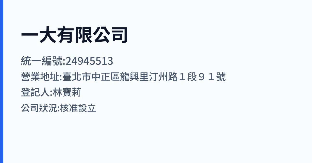 一大有限公司 - 統編 24945513(臺北市) 公司登記資料與營業項目詳細圖表