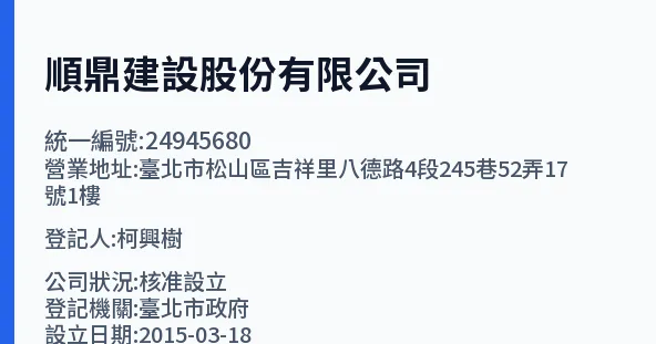 順鼎建設股份有限公司的照片-統編 24945680(臺北市) 公司登記資料與營業項目詳細圖表