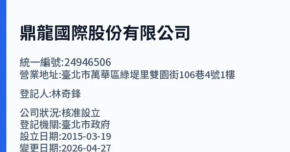 鼎龍國際股份有限公司的照片-統編 24946506(臺北市) 公司登記資料與營業項目詳細圖表