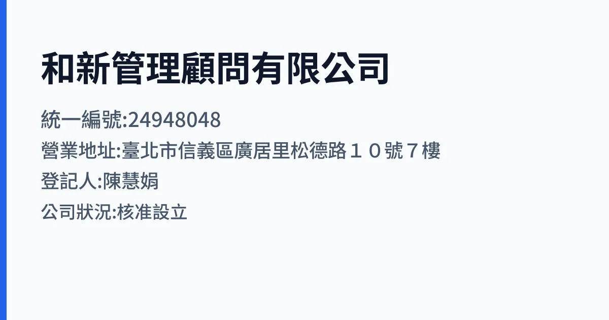 和新管理顧問有限公司 - 統編 24948048(臺北市) 公司登記資料與營業項目詳細圖表