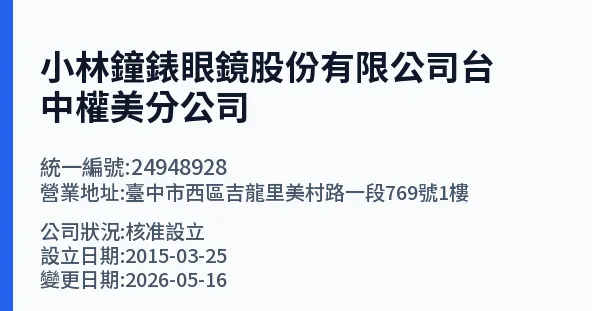 小林鐘錶眼鏡股份有限公司台中權美分公司的照片-統編 24948928(臺中市) 公司登記資料與營業項目詳細圖表