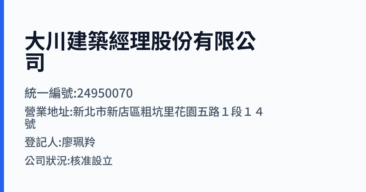 大川建築經理股份有限公司 - 統編 24950070(新北市) 公司登記資料與營業項目詳細圖表