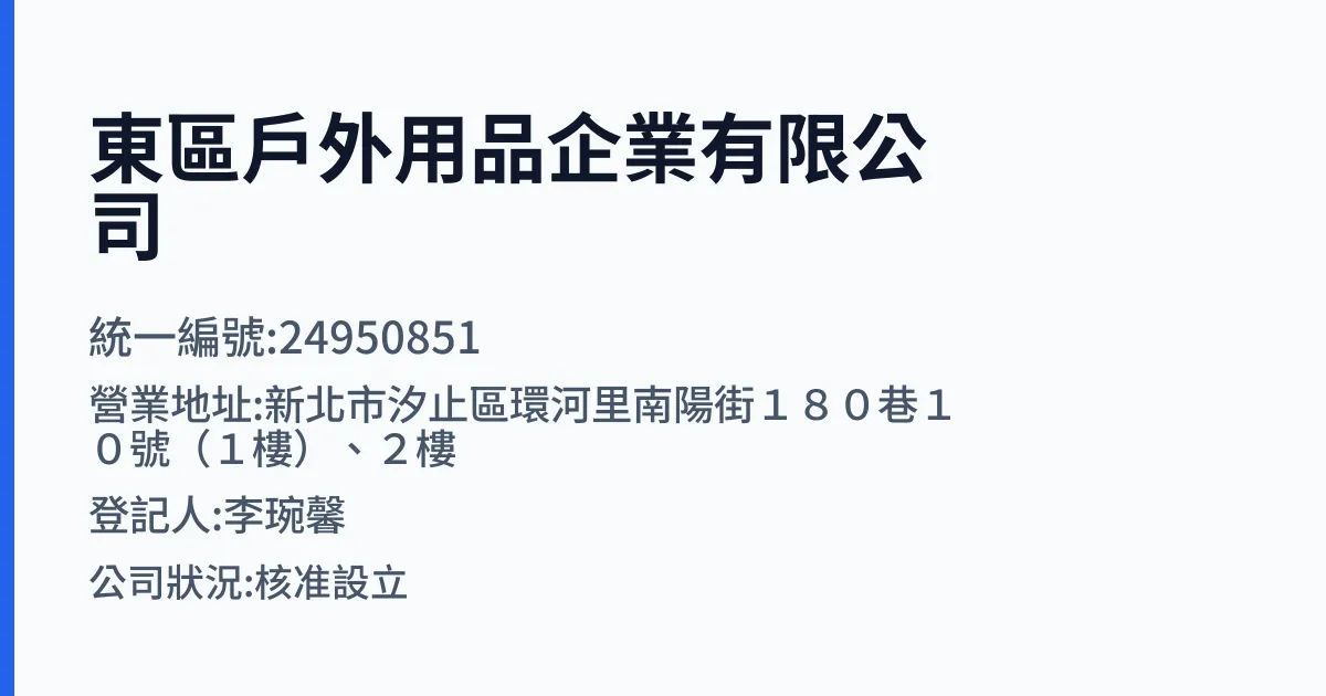 東區戶外用品企業有限公司 - 統編 24950851(新北市) 公司登記資料與營業項目詳細圖表