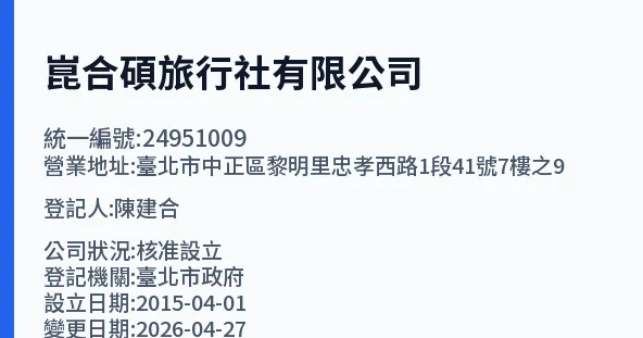 崑合碩旅行社有限公司的照片-統編 24951009(臺北市) 公司登記資料與營業項目詳細圖表
