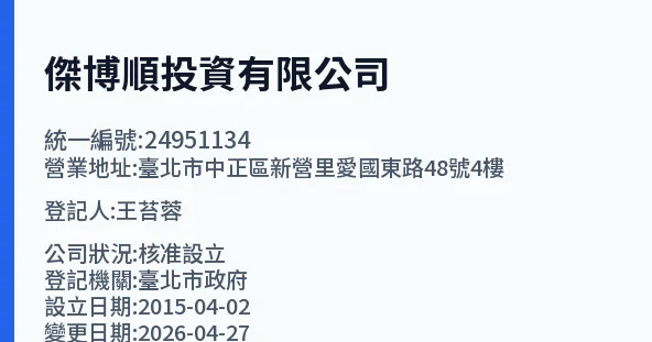 傑博順投資有限公司的照片-統編 24951134(臺北市) 公司登記資料與營業項目詳細圖表