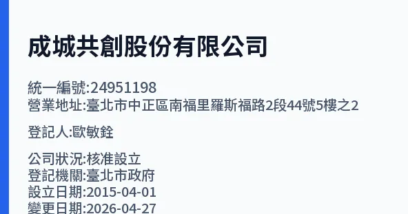 成城共創股份有限公司的照片-統編 24951198(臺北市) 公司登記資料與營業項目詳細圖表