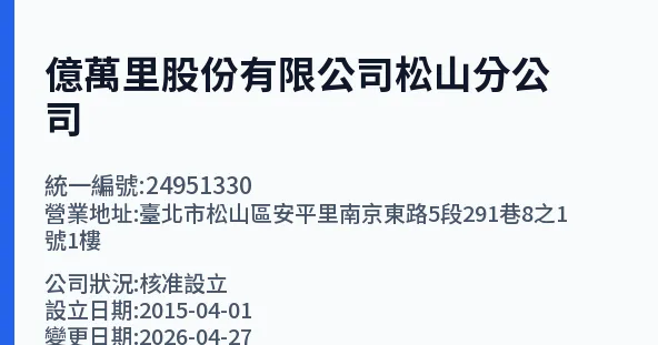 億萬里股份有限公司松山分公司的照片-統編 24951330(臺北市) 公司登記資料與營業項目詳細圖表