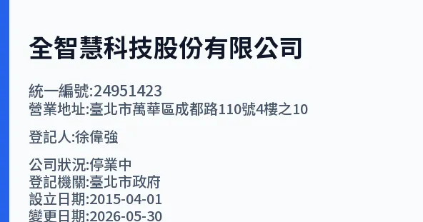 全智慧科技股份有限公司的照片-統編 24951423(臺北市) 公司登記資料與營業項目詳細圖表