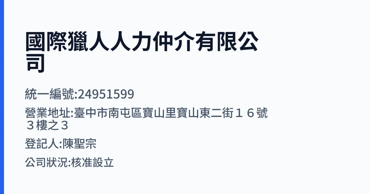 國際獵人人力仲介有限公司 - 統編 24951599(臺北市) 公司登記資料與營業項目詳細圖表