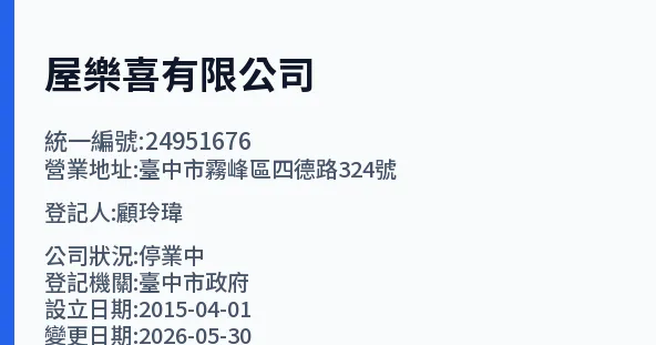 屋樂喜有限公司的照片-統編 24951676(臺中市) 公司登記資料與營業項目詳細圖表