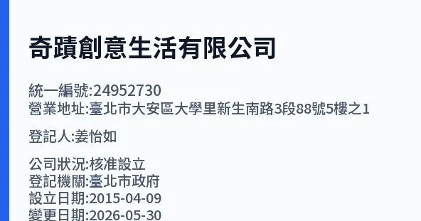 奇蹟創意生活有限公司的照片-統編 24952730(臺北市) 公司登記資料與營業項目詳細圖表