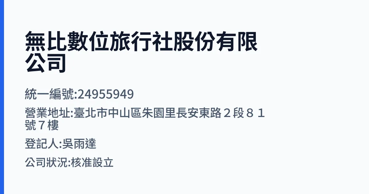 無比數位旅行社股份有限公司 - 統編 24955949(臺北市) 公司登記資料與營業項目詳細圖表
