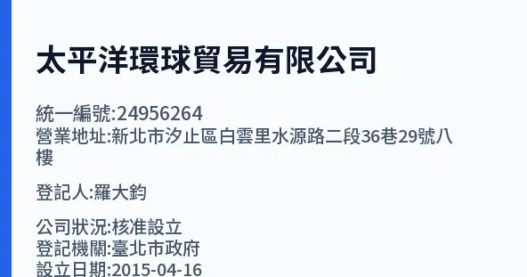 太平洋環球貿易有限公司的照片-統編 24956264(新北市) 公司登記資料與營業項目詳細圖表