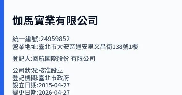 伽馬實業有限公司的照片-統編 24959852(臺北市) 公司登記資料與營業項目詳細圖表