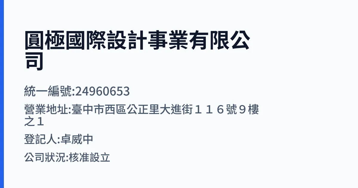 圓極國際設計事業有限公司 - 統編 24960653(臺中市) 公司登記資料與營業項目詳細圖表