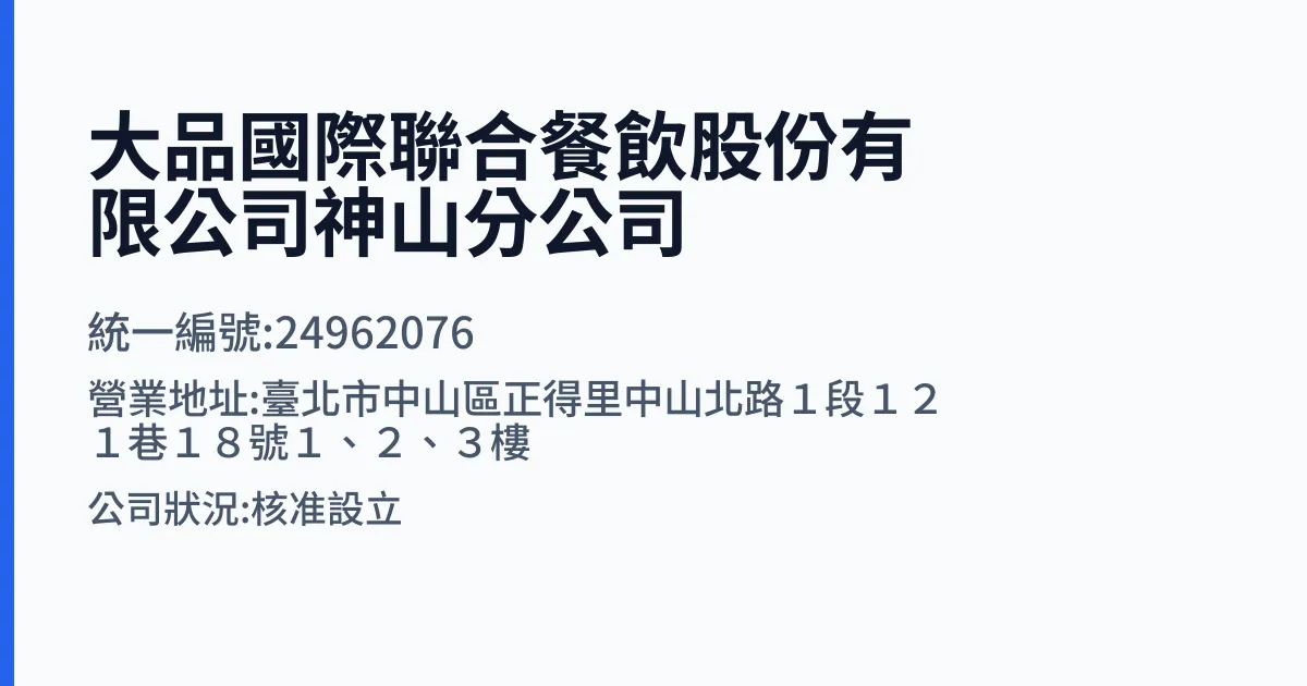 大品國際聯合餐飲股份有限公司神山分公司 - 統編 24962076(臺北市) 公司登記資料與營業項目詳細圖表