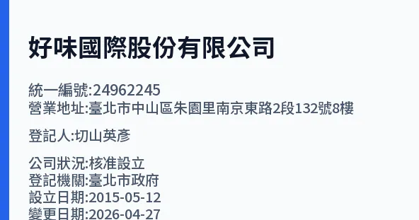 好味國際股份有限公司的照片-統編 24962245(臺北市) 公司登記資料與營業項目詳細圖表