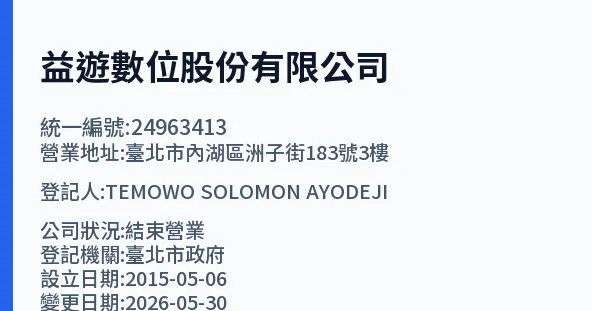 益遊數位股份有限公司的照片-統編 24963413(臺北市) 公司登記資料與營業項目詳細圖表