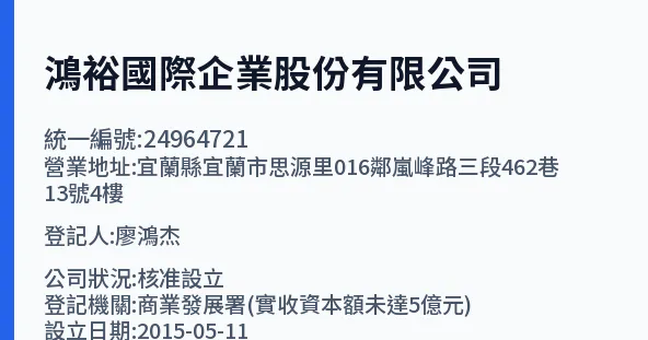 鴻裕國際企業股份有限公司的照片-統編 24964721(宜蘭縣) 公司登記資料與營業項目詳細圖表