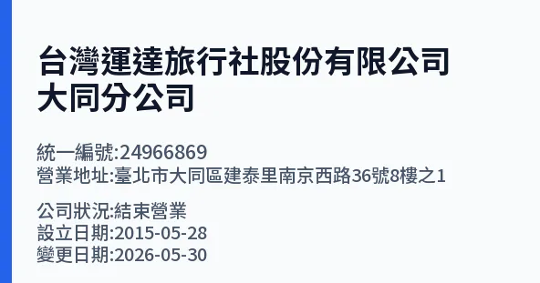 台灣運達旅行社股份有限公司大同分公司的照片-統編 24966869(臺北市) 公司登記資料與營業項目詳細圖表