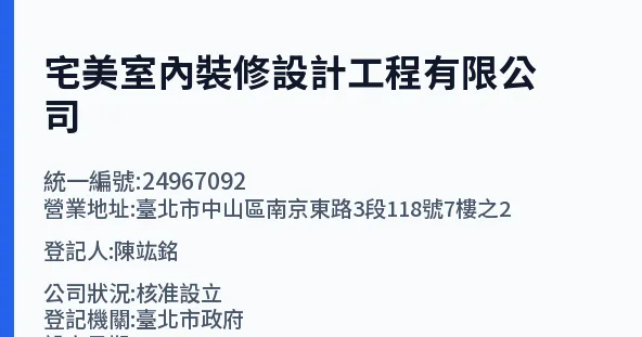 宅美室內裝修設計工程有限公司的照片-統編 24967092(臺北市) 公司登記資料與營業項目詳細圖表