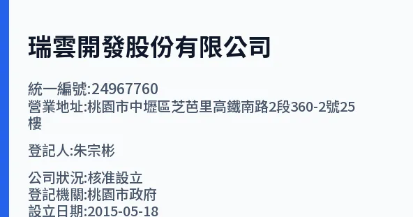 瑞雲開發股份有限公司的照片-統編 24967760(桃園市) 公司登記資料與營業項目詳細圖表