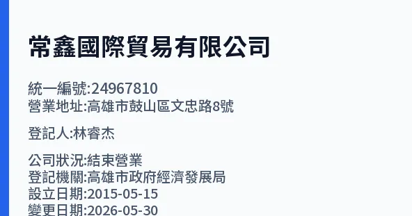 常鑫國際貿易有限公司的照片-統編 24967810(高雄市) 公司登記資料與營業項目詳細圖表