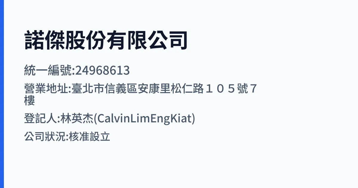 諾傑股份有限公司 - 統編 24968613(臺北市) 公司登記資料與營業項目詳細圖表