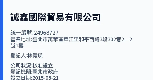 誠鑫國際貿易有限公司的照片-統編 24968727(臺北市) 公司登記資料與營業項目詳細圖表