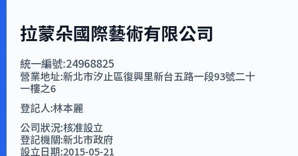 拉蒙朵國際藝術有限公司的照片-統編 24968825(新北市) 公司登記資料與營業項目詳細圖表