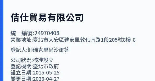 佶仕貿易有限公司的照片-統編 24970408(臺北市) 公司登記資料與營業項目詳細圖表