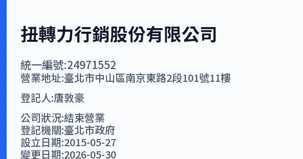 扭轉力行銷股份有限公司的照片-統編 24971552(臺北市) 公司登記資料與營業項目詳細圖表