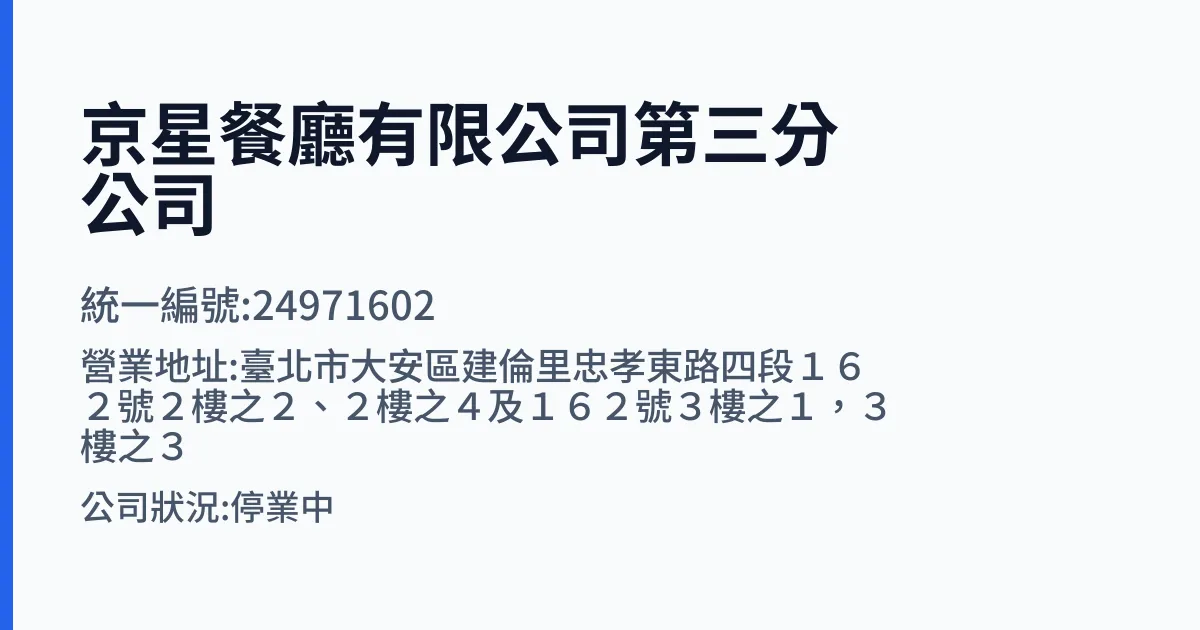 京星餐廳有限公司第三分公司 - 統編 24971602(臺北市) 公司登記資料與營業項目詳細圖表