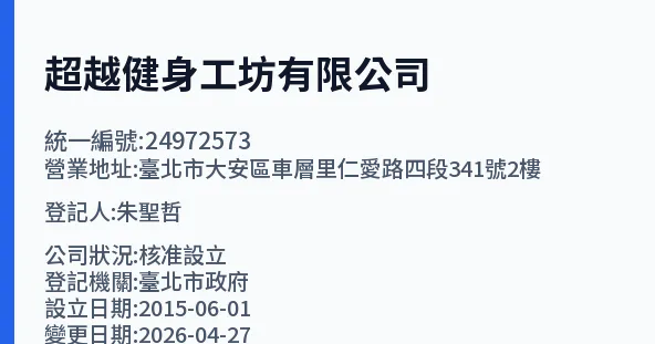 超越健身工坊有限公司的照片-統編 24972573(臺北市) 公司登記資料與營業項目詳細圖表