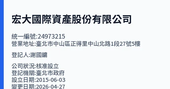 宏大國際資產股份有限公司的照片-統編 24973215(臺北市) 公司登記資料與營業項目詳細圖表